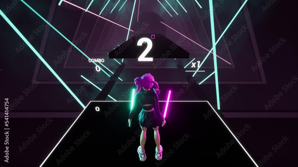 Gameplay of saber music rhythm game. 3d character girl cuts cubes by ...