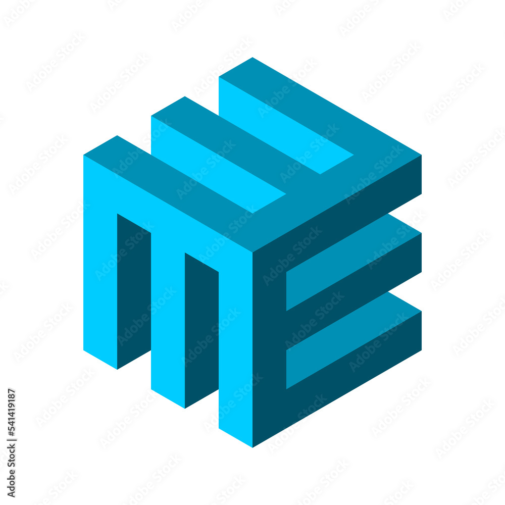 MEE letter logo. 3D letter M and E cube. Blue geometric hexagon shape ...