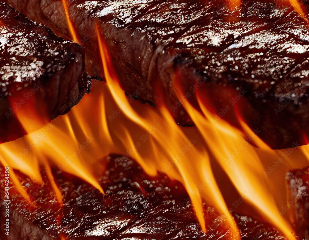Seamless texture background of a grilled steak in a flat-lay top view ...