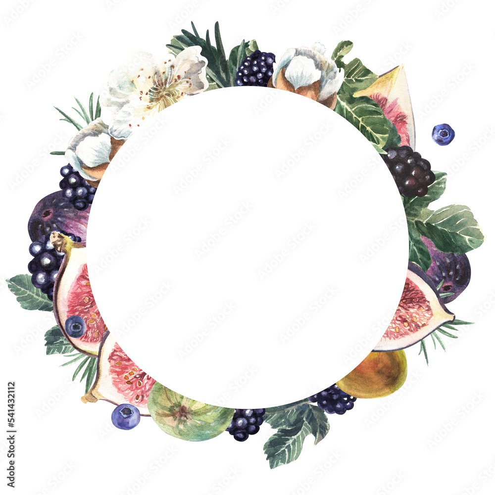 Round frame of fruits and berries on a white background. Watercolor ...