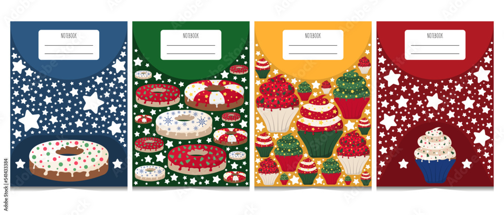 Set of 4 notebook cover templates with Christmas bakery - donuts and ...