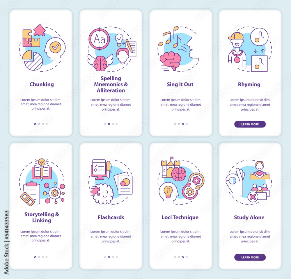 Memorizing things onboarding mobile app screen set. Learning strategy ...
