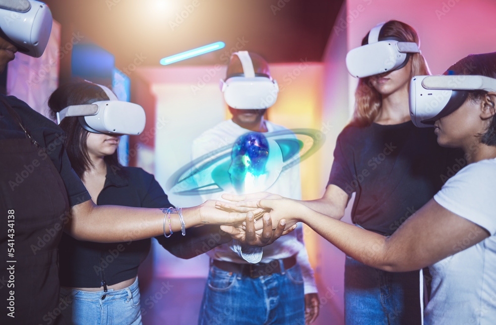 Vr headset, planet hologram and group of people connect hands with 3d ...