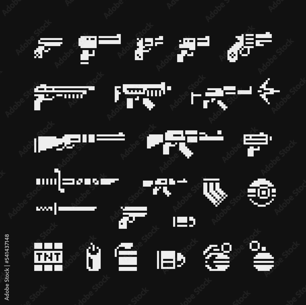 1 bit medieval weapon icons set, revolver gun, bomb, helmet, sword ...