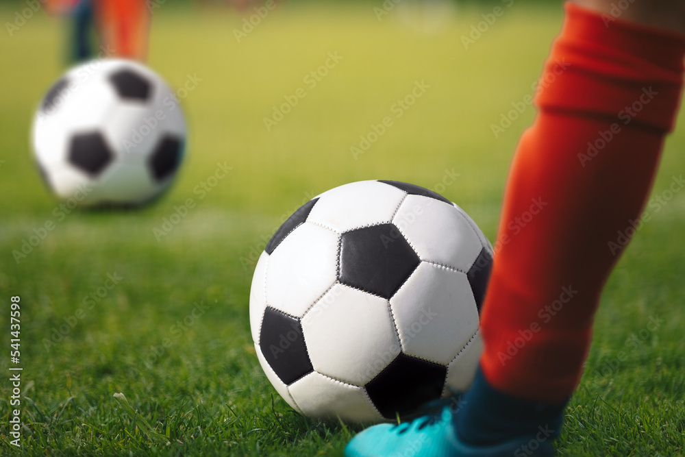 Feet Of Red Team Soccer Player Tread On Soccer Ball For Kick-Off on ...