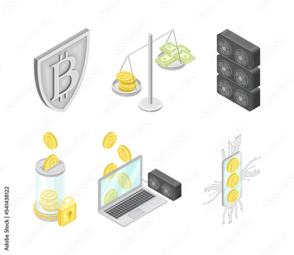 Virtual crypto currency symbols set. Digital money and bitcoin mining concept vector ...