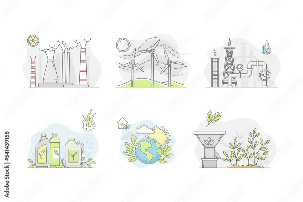 Electricity generation sources set. Power plant and natural energy ...