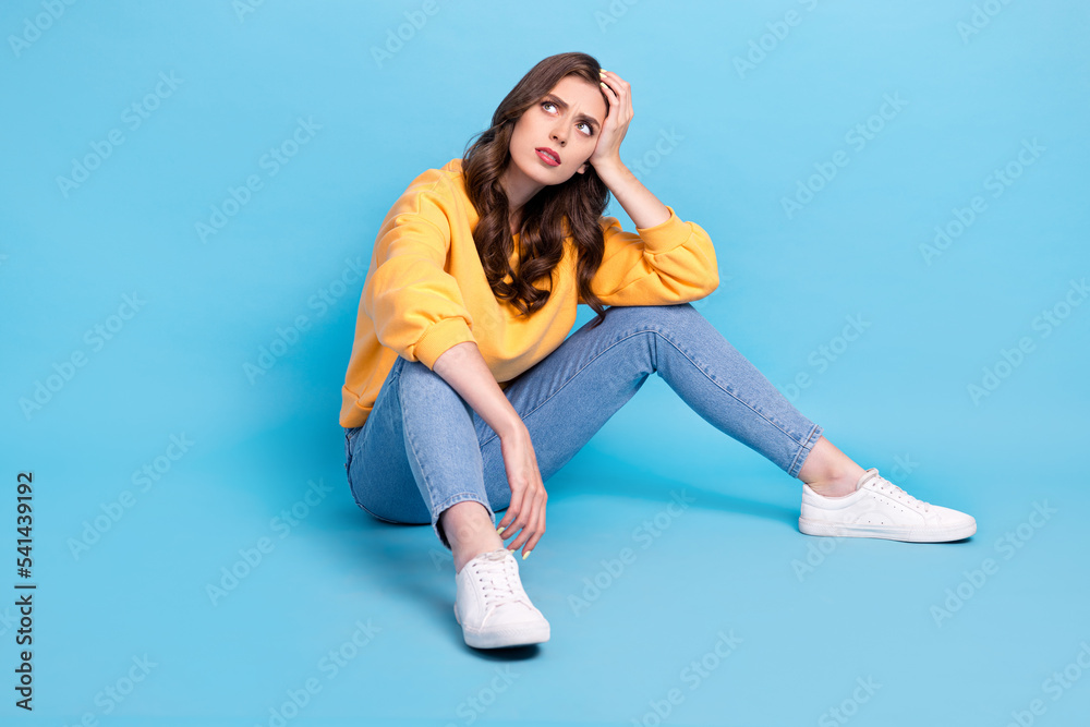 Full Length Photo Of Doubtful Unsure Lady Wear Yellow Sweater Sitting
