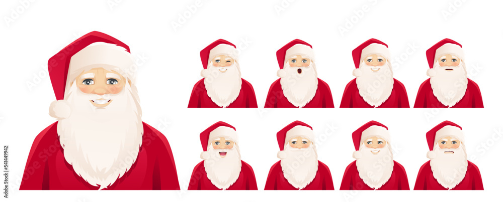 Cartoon Santa Claus character with different facial expressions set ...