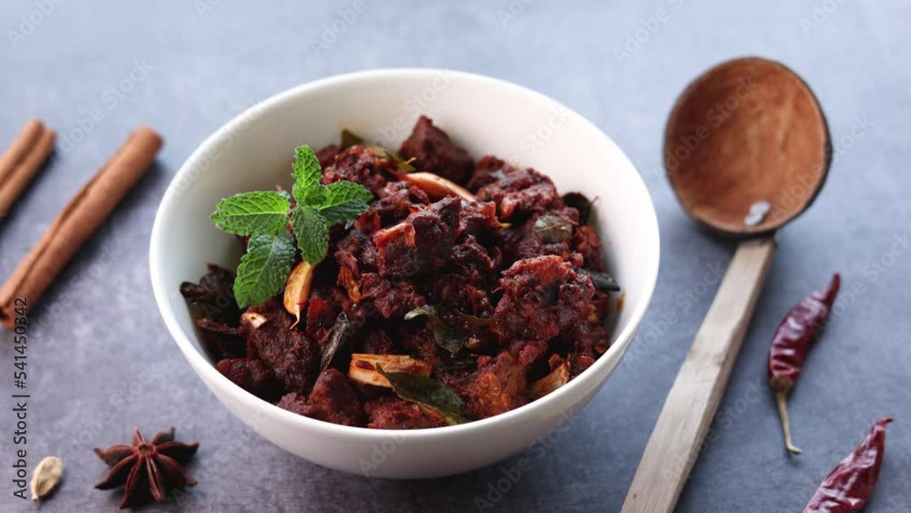 Beef fry curry roast mutton curry meat dish Kerala, India. Hot and ...