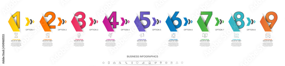 Vector timeline infographics with 9 steps, icons, flowchart, workflow ...