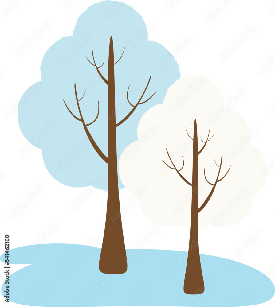 Vector illustration with two trees with snow in winter in cartoon style ...