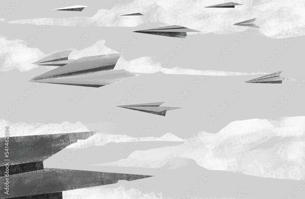 Paper airplanes above the clouds in the gray sky. Vector illustration ...