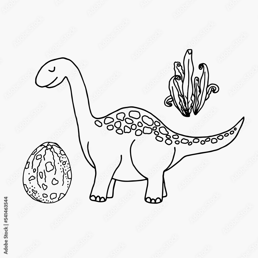 Dino coloring page black and white. Dinosaur with an egg and a plant ...