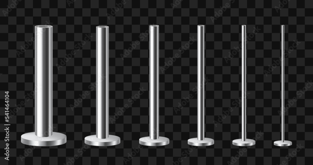 Set of metal columns. Steel, aluminum or stainless steel poles on a ...