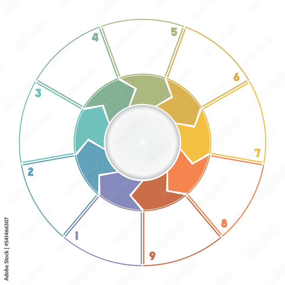 Infographic templates, pie chart and colored lines 9 positions ...