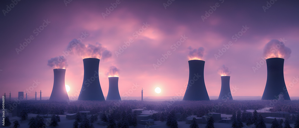 Artistic concept illustration of a nuclear power plant, background ...