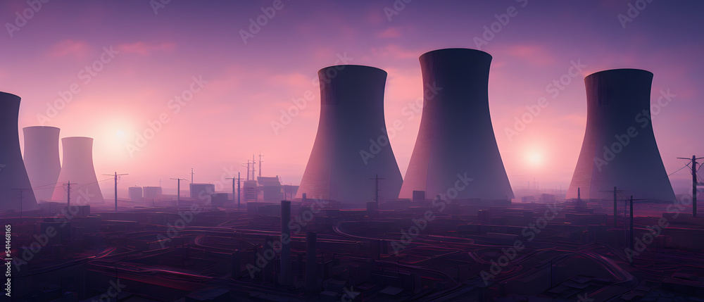 Artistic concept illustration of a nuclear power plant, background ...