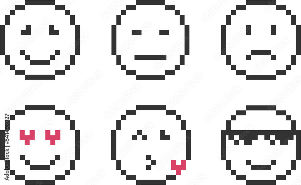 Cute pixel emoticons. Set of emoji. Smile icons. Pixel art ...