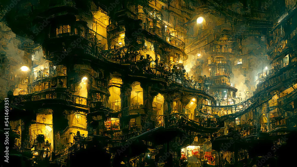 A filthy sprawling multi-leveled underground slum of many ruined ...
