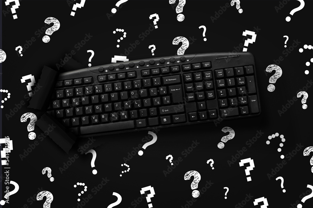 PC keyboard with Question marks on black background Stock Photo | Adobe ...