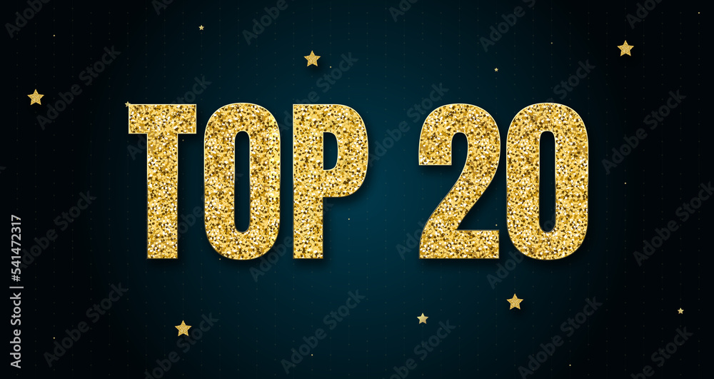 Top 20 in shiny golden color, stars design element and on dark background. Stock-Illustration ...
