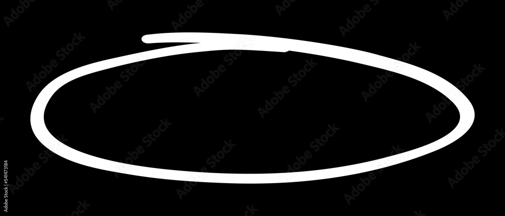 White circle, pen draw. Highlight hand drawing circle isolated on background. Handwritten white ...