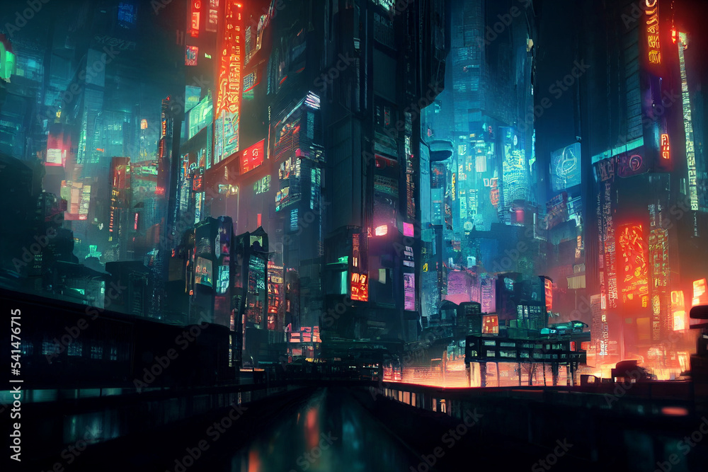 Concept art illustration of cityscape of asian cyberpunk city at night ...