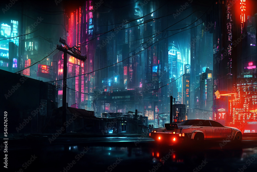 Concept art illustration of cityscape of asian cyberpunk city at night ...