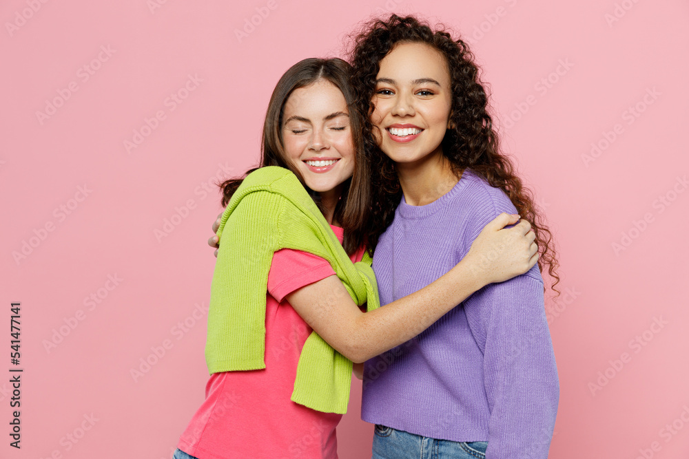 Young two friends smiling happy cheerful fun cool lovely women 20s ...