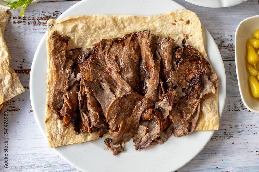 Turkish meat doner on wood background. Traditional flavors. Doner kebab ...