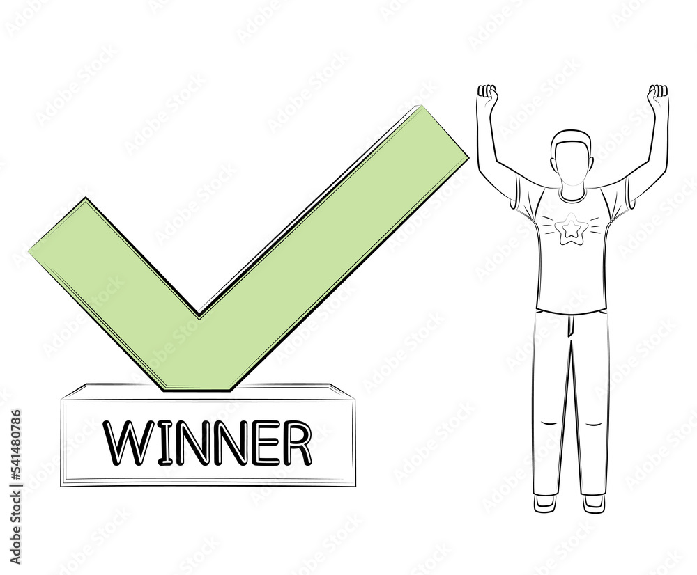 Winner. Man raised his hands up in celebration of his personal victory ...