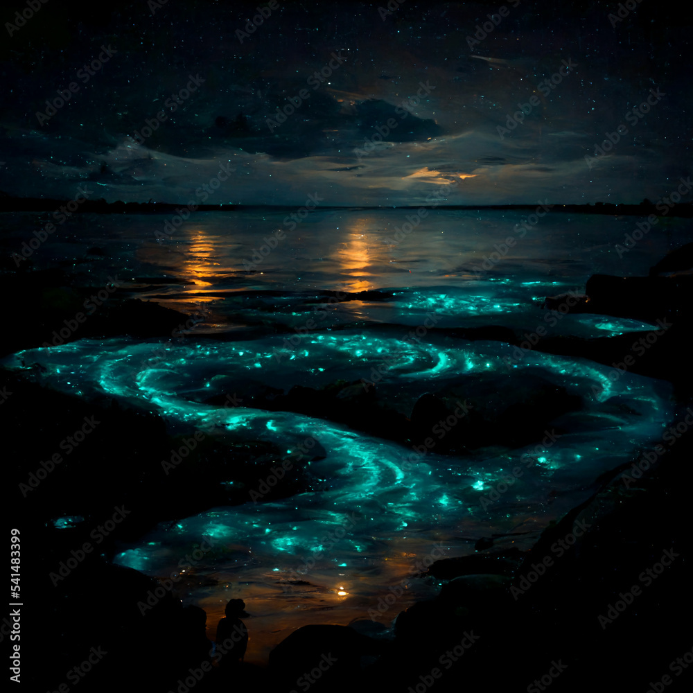Bioluminescence. Bio luminescent ocean. Bioluminescent plankton in the ...