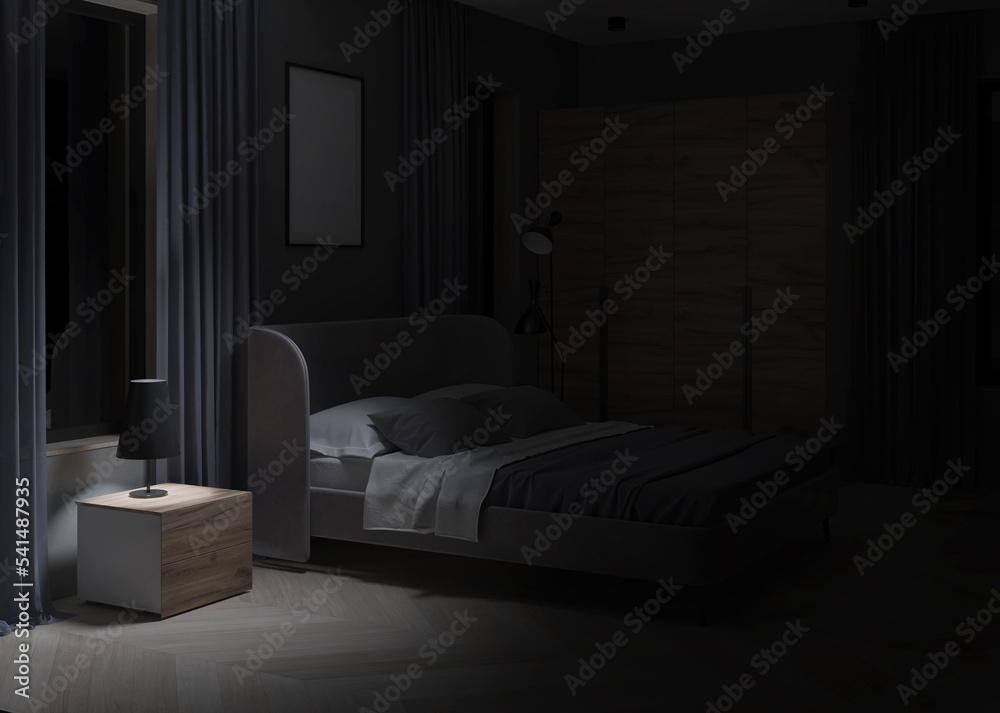 Interior of a cozy bedroom in modern design. Night. Evening lighting ...
