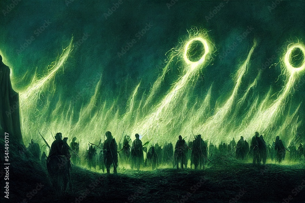 Dark spirits in robes, fantasy illustration of green mist in the mound ...