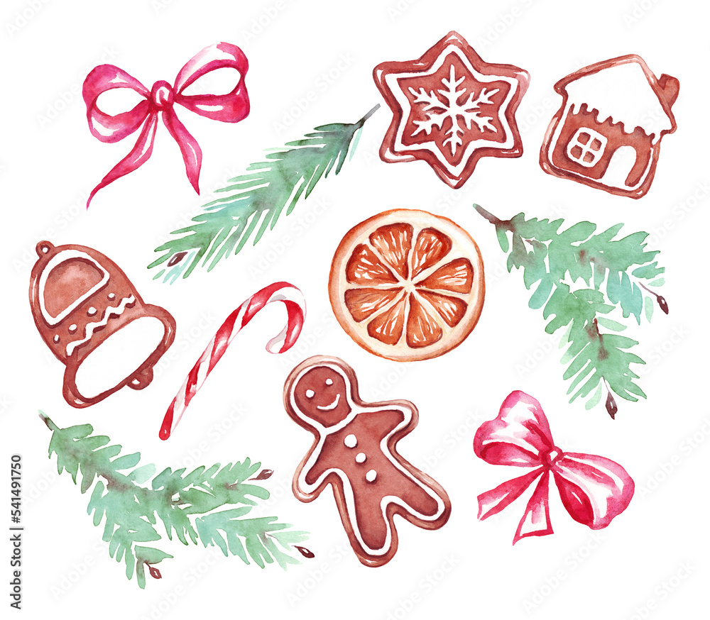 Christmas decor. Watercolor clipart. Hand-painted illustration Stock ...