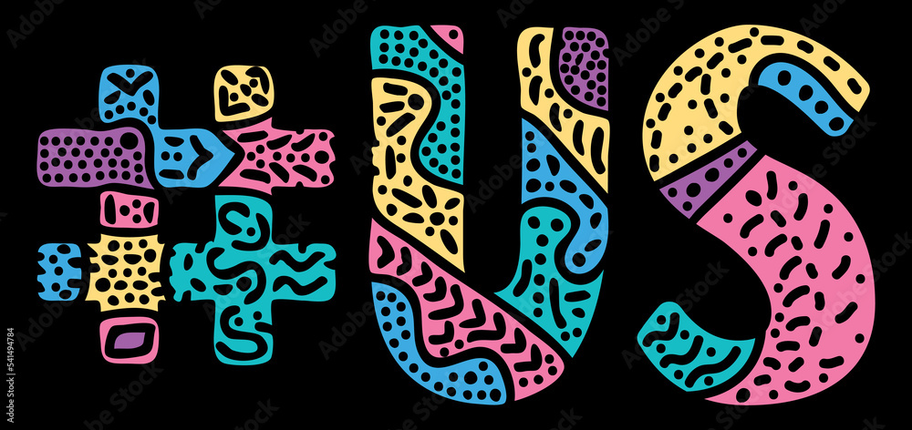 US Hashtag. Multicolored bright isolate curves doodle letters. Hashtag ...