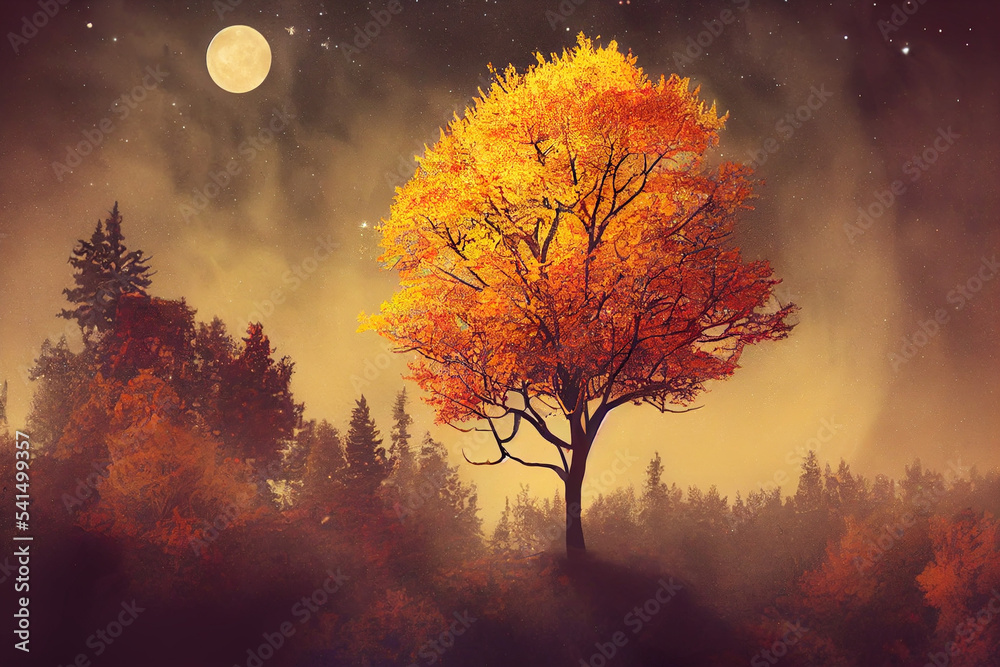 Beautiful autumn fantasy - maple tree in fall season and full moon with ...