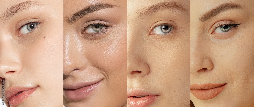 Collage. Close-up portraits of beautiful female faces with perfect ...