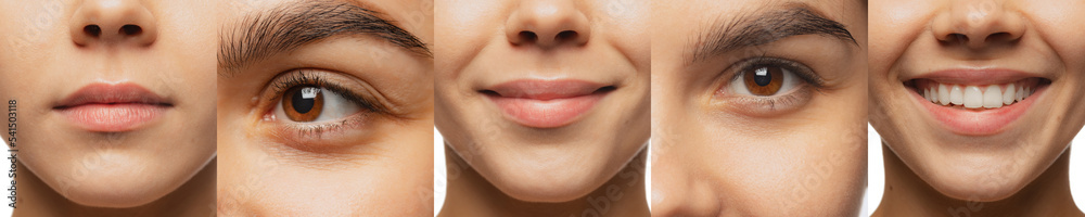 Collage. Cropped female body parts of shoulder, lips, eye and cheek ...