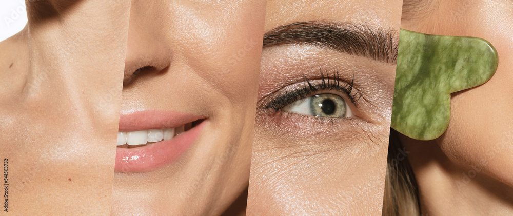 Collage. Cropped female body parts of shoulder, lips, eye and cheek ...