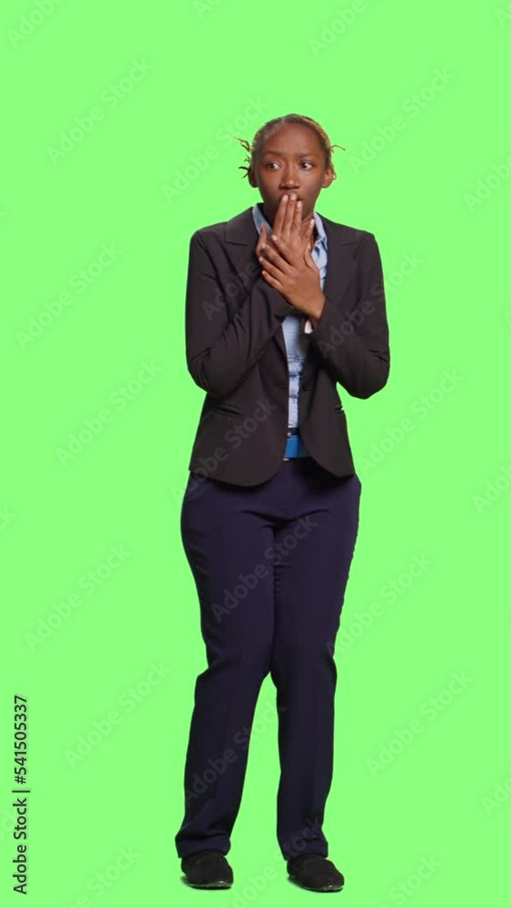 Vertical video: African american female manager acting shocked and ...