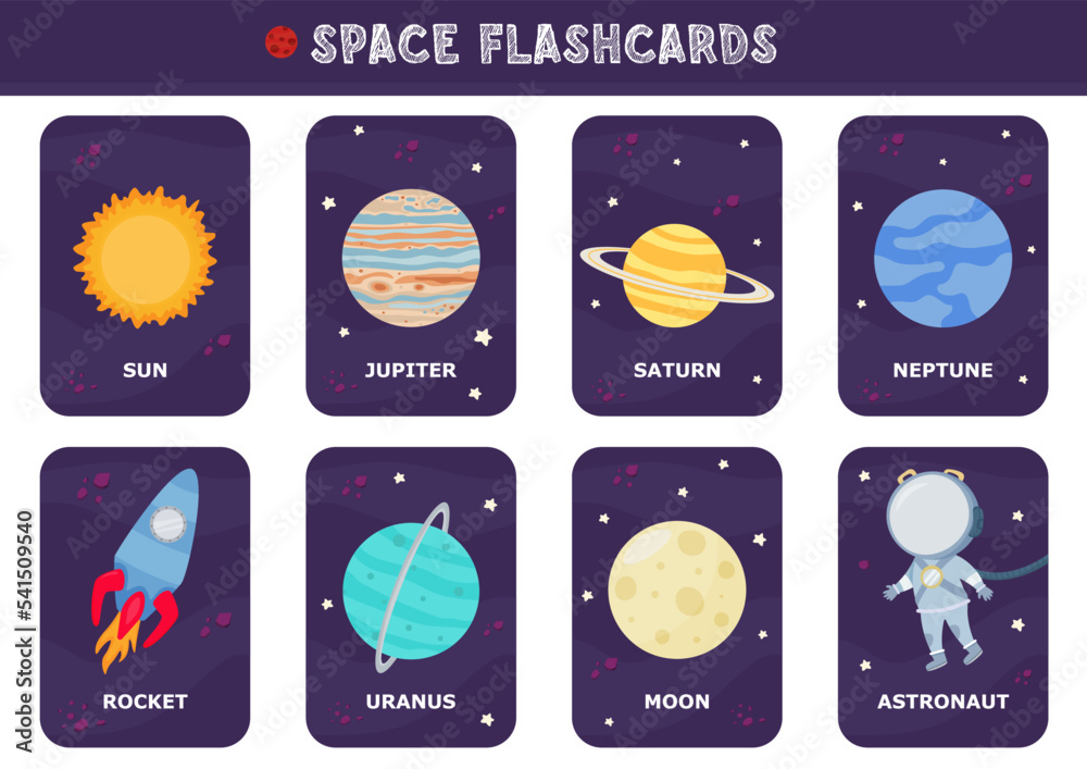 Vector Space flash cards set. English language game with cute astronaut ...