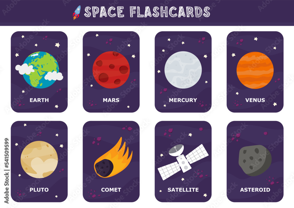 Vector Space flash cards set. English language game with cute astronaut ...