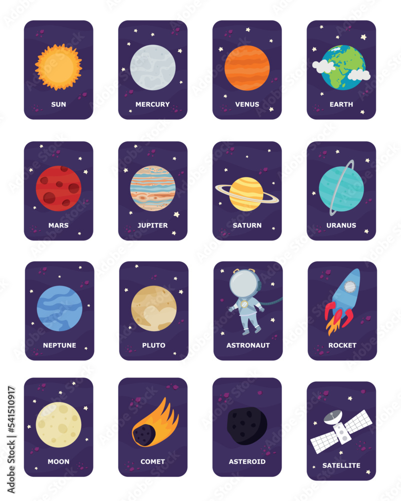 Vector Space flash cards set. English language game with cute astronaut ...