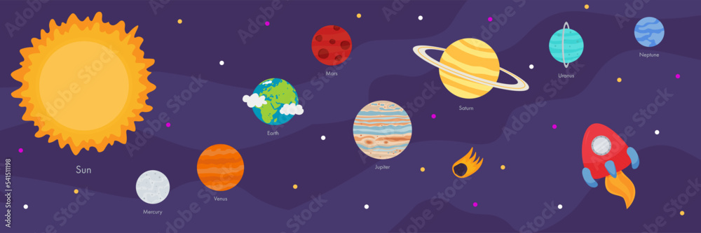 Solar system is cartoon-style on a purple background. Planets of the ...