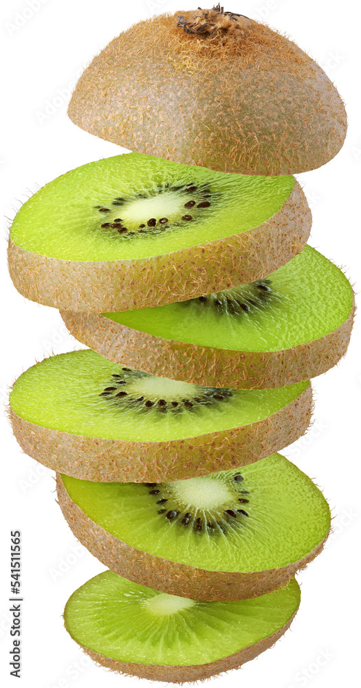 Sliced kiwi fruit flying in the air isolated on transparent background ...