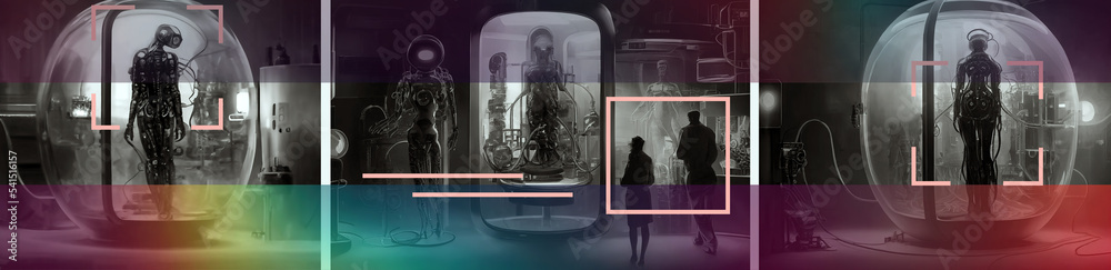 The header for Sci-fi scene shows human scientists figures near complex ...