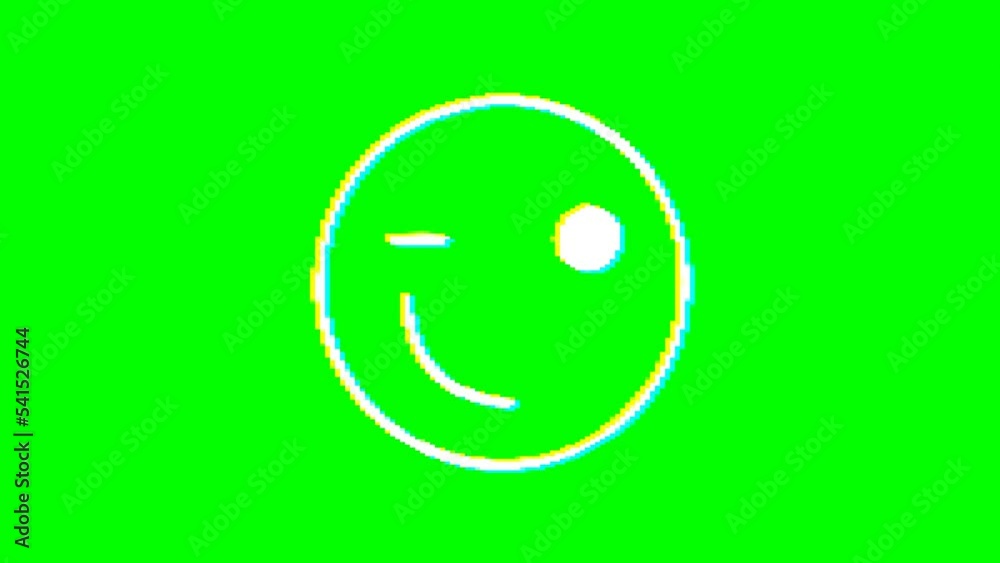 Winking emoticon with glitch effect on green background. Emoji motion ...