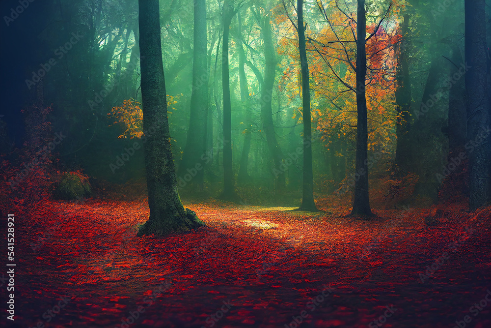 colorful Very beautiful fall forest at night with an epic fall foliage ...